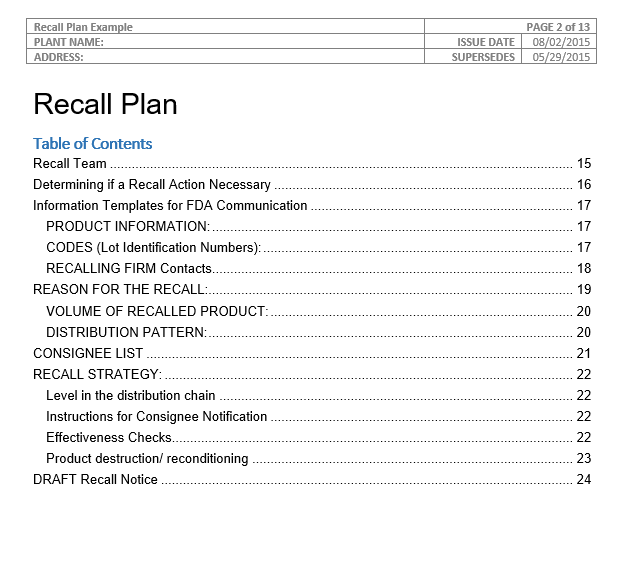 Food Safety Plan & Recall Plan Templates - Food Safety Repository | NC ...
